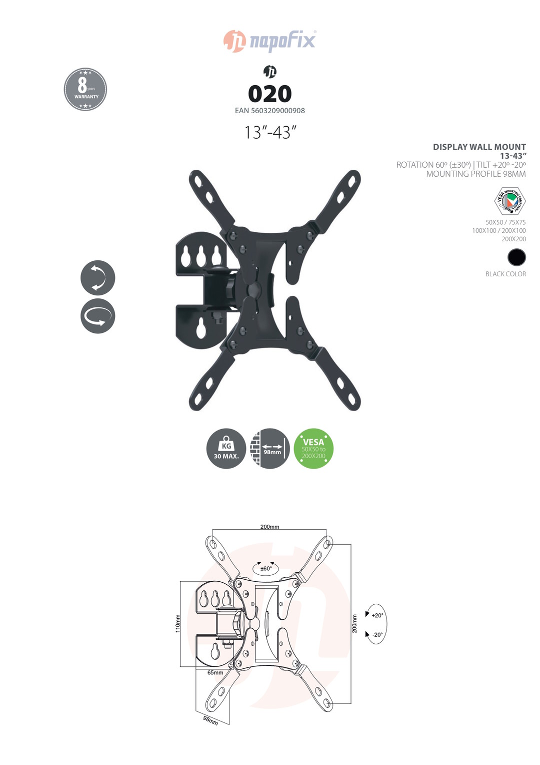 Suporte de Parede NAPOFIX 13-43" Inclinável - 020 | CHIP7