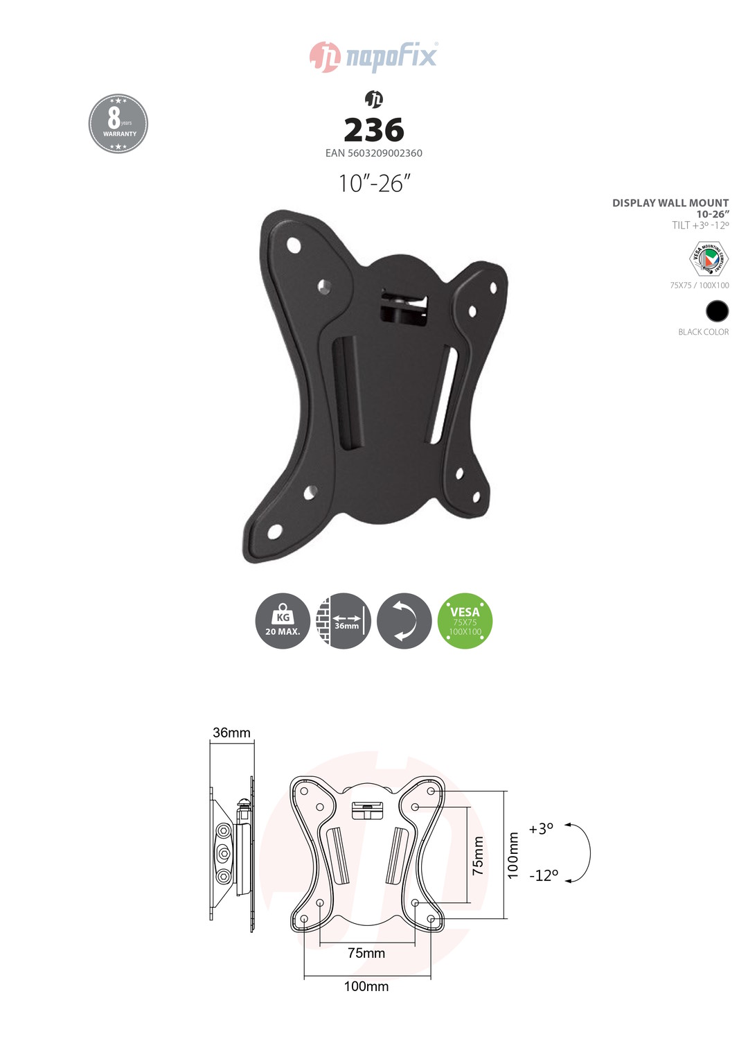 Suporte de Parede NAPOFIX LED/LCD 10" a 26" INCLINÁVEL - 236 | CHIP7