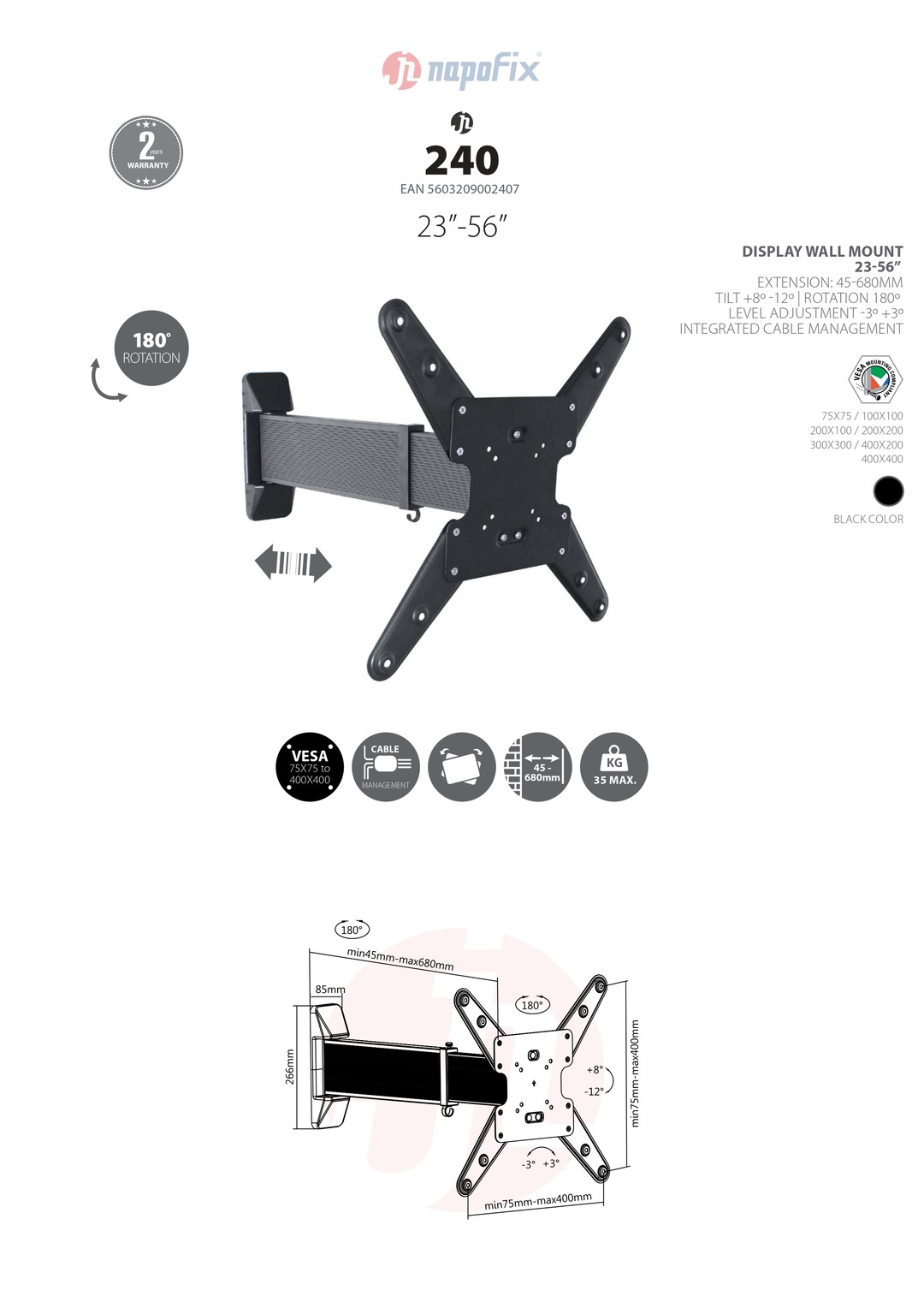 Suporte de Parede NAPOFIX 240 LED/LCD 23">55" INCLINÁVEL 1 BRAÇO ...