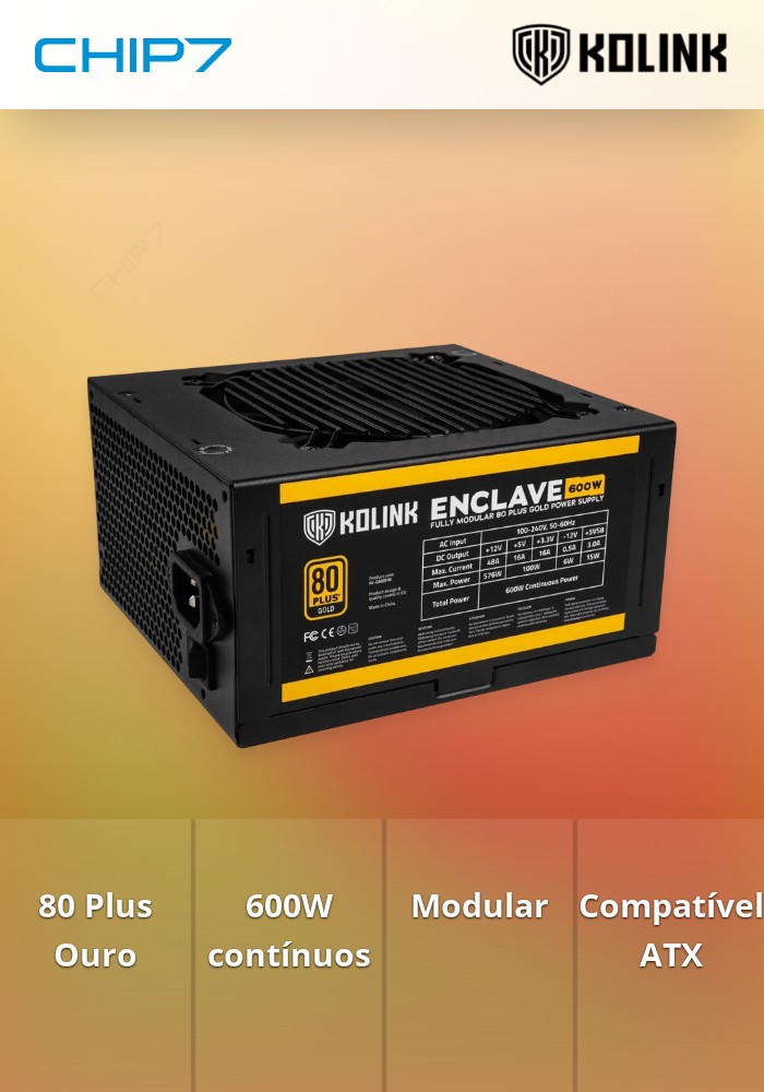 KOLINK - Fonte Modular Enclave 600W 80+ Gold | CHIP7