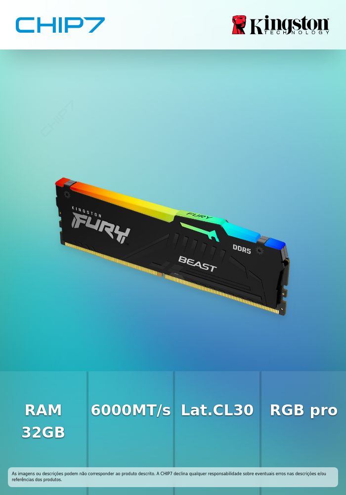 Memória Kingston 32GB 6000MT/s DDR5 CL30 DIMM FURY Beast RGB EXPO | CHIP7