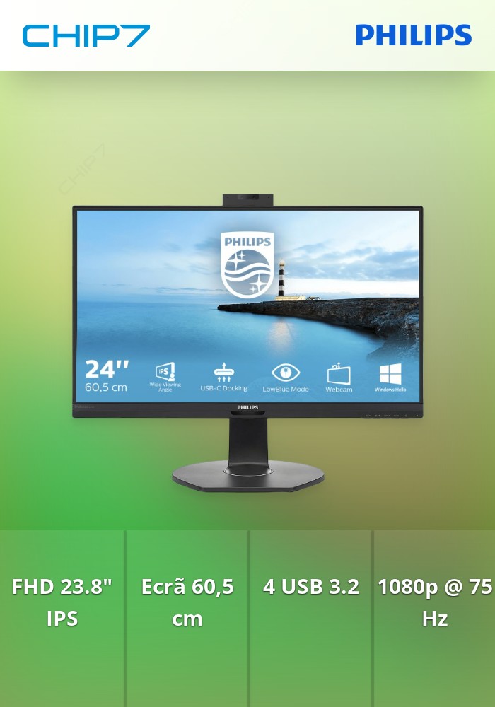PHILIPS MONITOR IPS 24" (23.8) FHD HDMI DP USB-C DOCKING WEBCAM COLUNAS ...