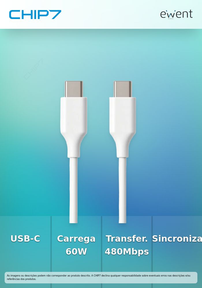 EWENT CABO USB-C 480 MBPS 60W PVC BRANCO 2MT | CHIP7