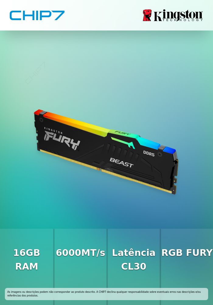 Memória Kingston 16GB 6000MT/s DDR5 CL30 DIMM FURY Beast RGB EXPO | CHIP7