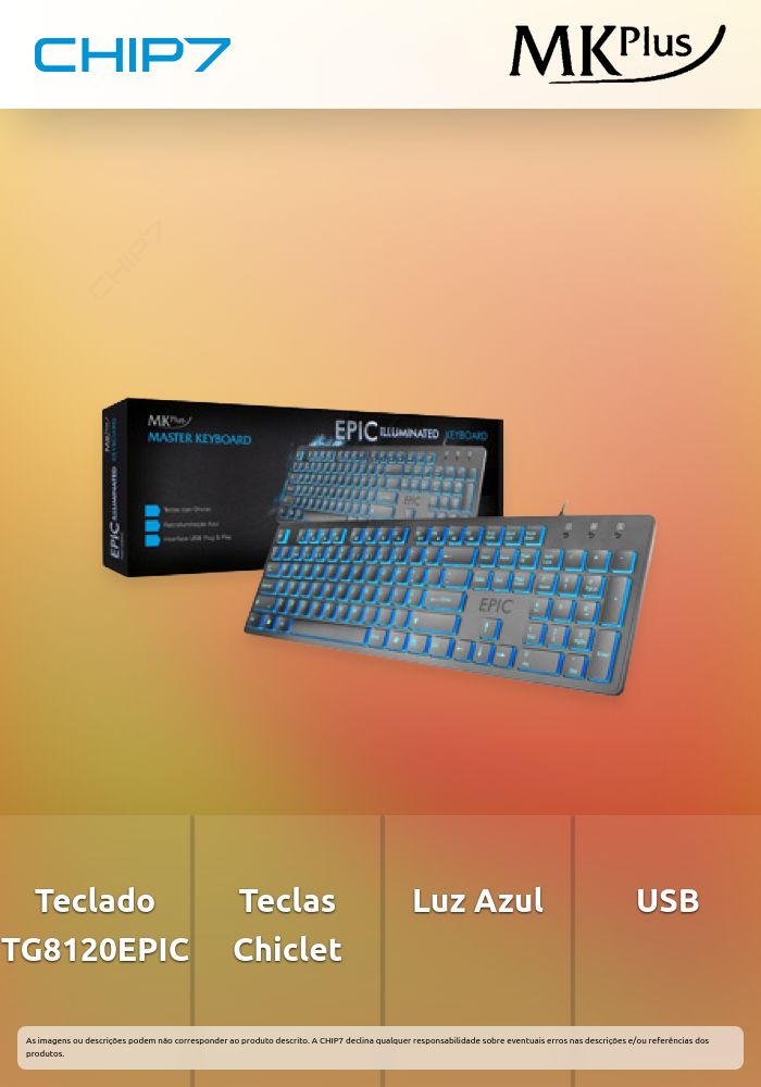 TECLADO MKPLUS SLIM ILUMINADO, USB, 104 TECLAS MEMBRANA - TG8120EPIC | CHIP7
