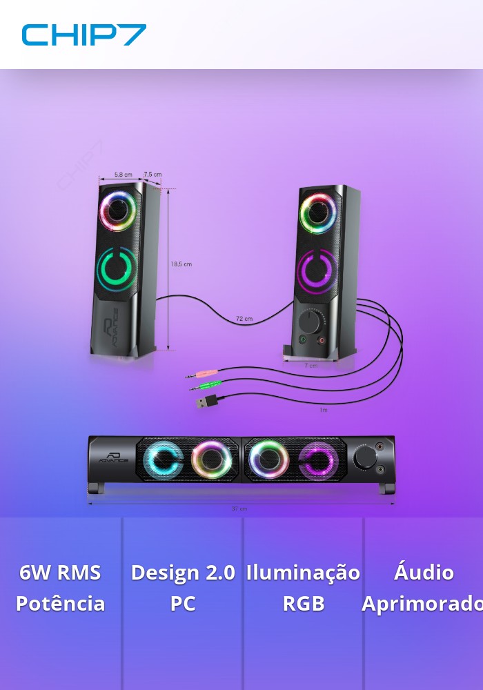 Colunas ADVANCE SOUNDPHONIC 2.0 RGB 6W RMS PC | CHIP7