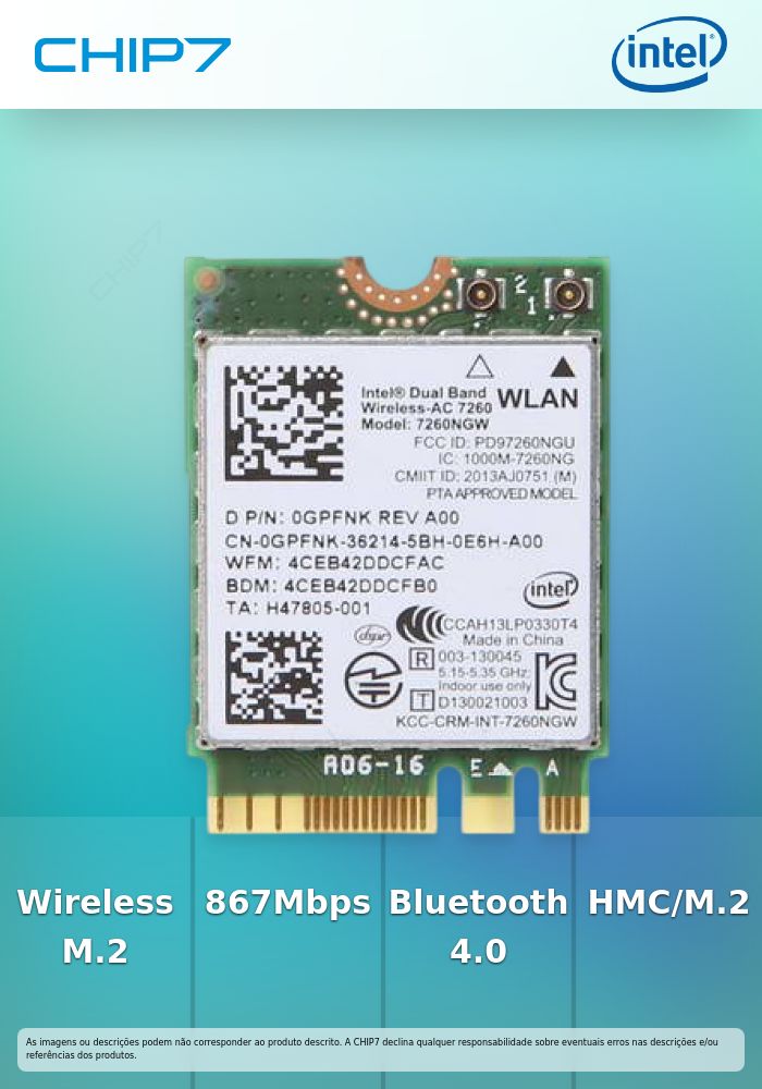 PLACA DE REDE INTEL AC7260, HMC e M.2 2230, DUAL BAND WIRELESS 802.11AC ...