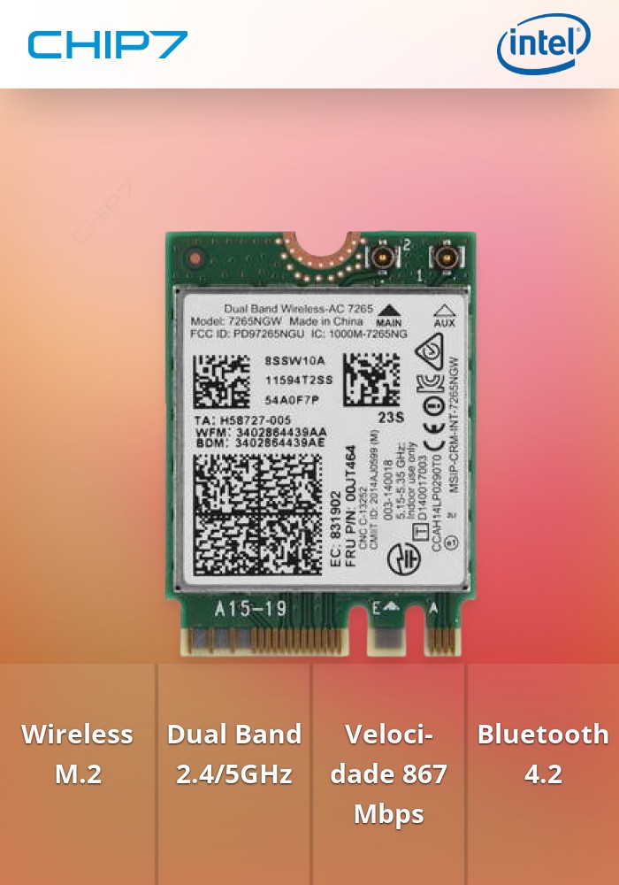 PLACA DE REDE INTEL AC7265, M.2 2230, M.2 1216, DUAL BAND WIRELESS 802 ...