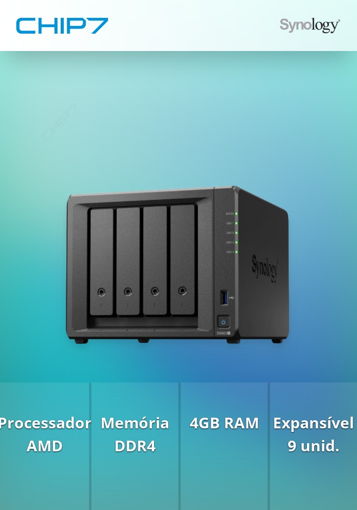 NAS Synology Disk Station DS923+ - 4 Baías - 2.6GHz-3.1GHz | CHIP7