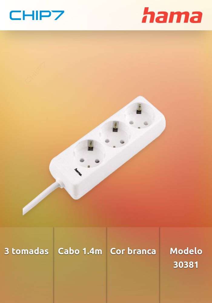 Extensão eléctrica HAMA 3 tomadas 1.4m Branco - 30381 | CHIP7